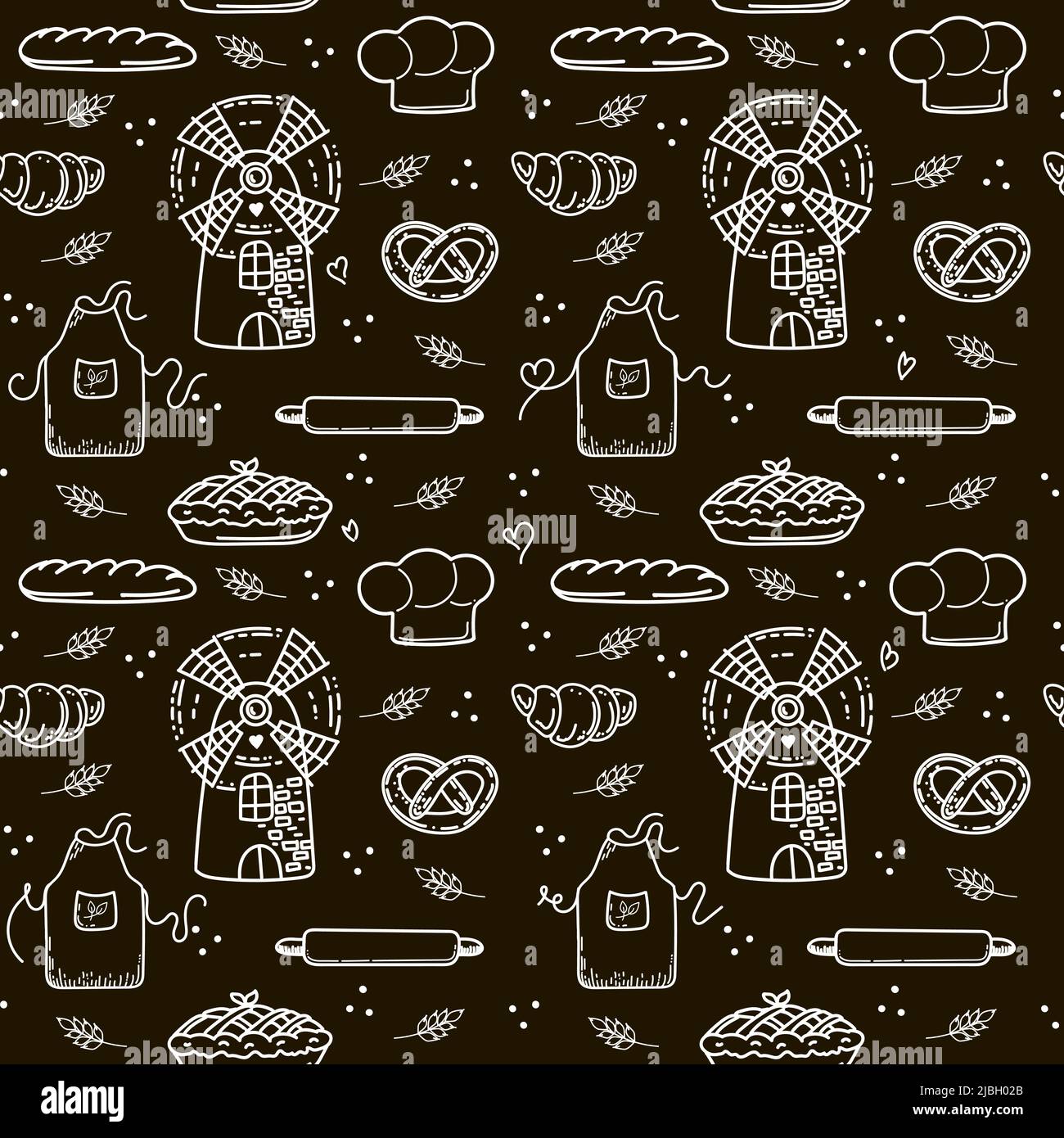 Seamless mill and baking pattern, hand-drawn doodle-style elements ...
