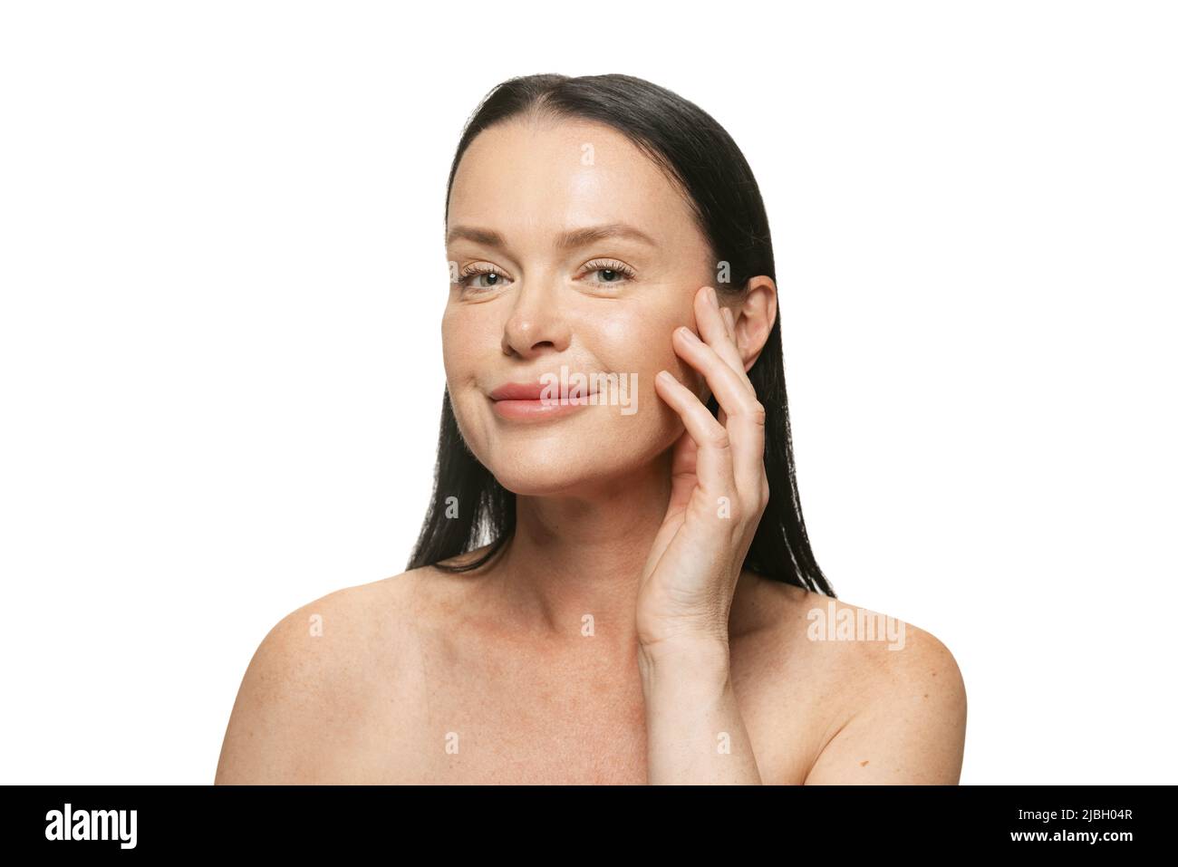 Close-up portrait of middle age, 44 years old beautiful woman with long ...