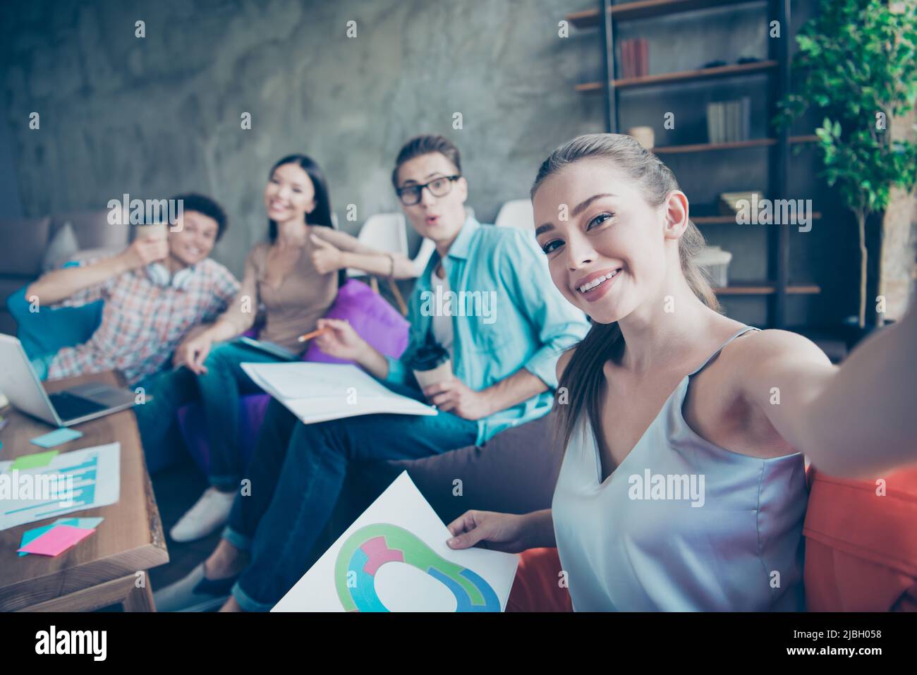 Portrait of cheerful satisfied group students take selfie prepare ...