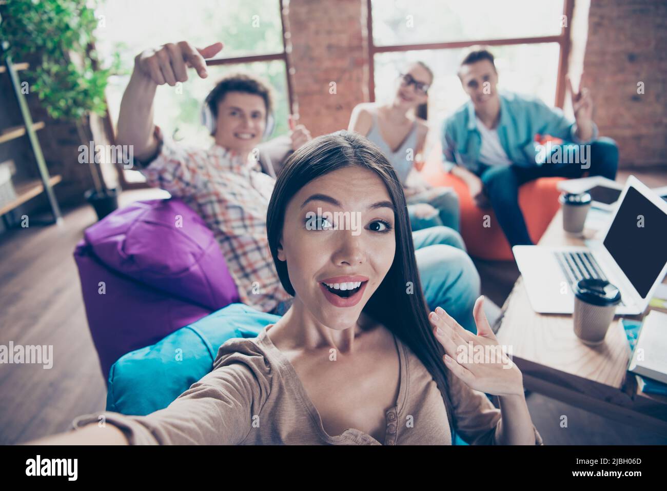 Portrait of friendly positive partners take selfie record video prepare ...