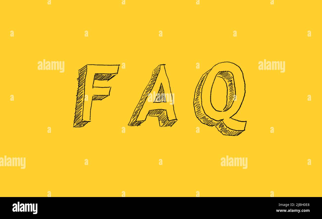 Hand drawing text FAQ on yellow background. Frequently Asked Questions ...