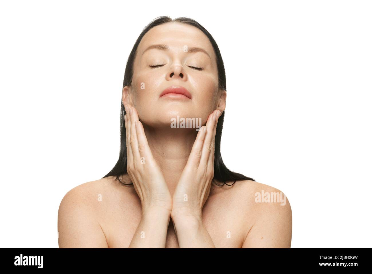 Close-up portrait of middle age, 44 years old beautiful woman with long ...