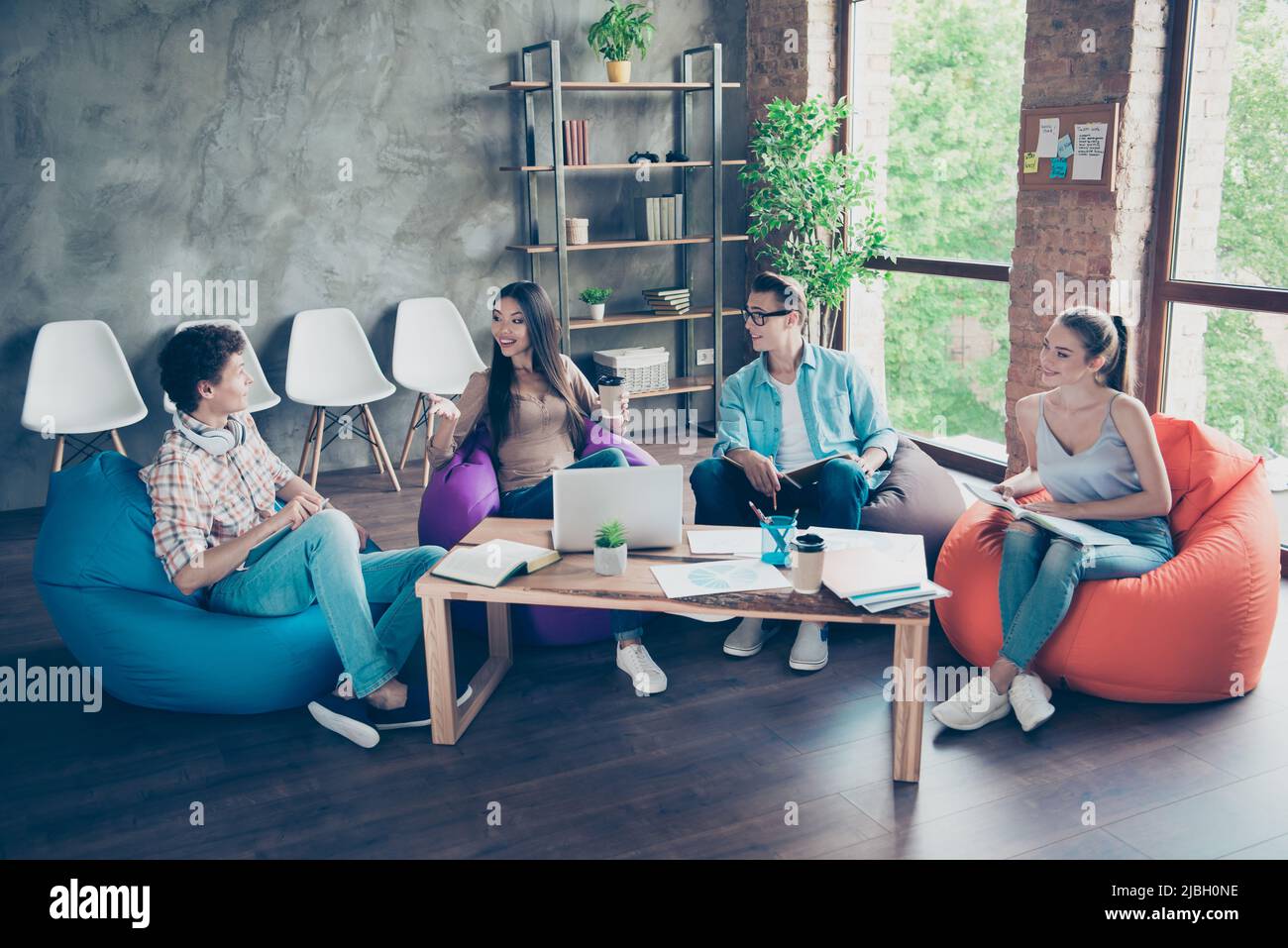 Photo of good mood best friends buddies have break from school sit it ...