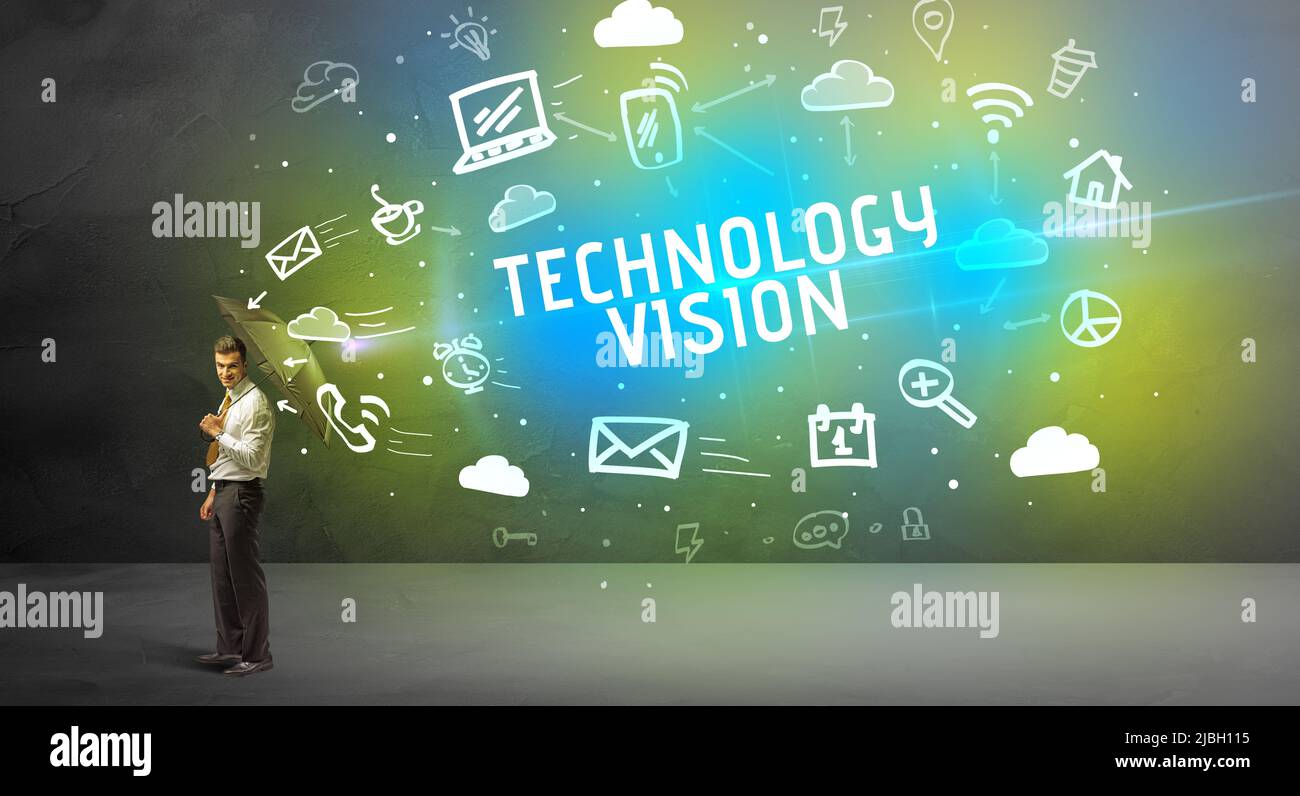 Businessman defending with umbrella, modern technology concept Stock ...