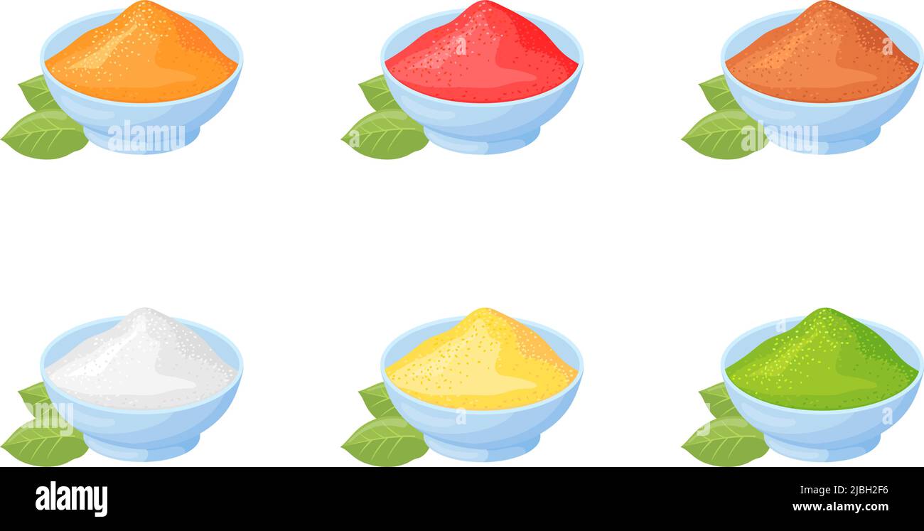 Cartoon indian powders. Powder spices in bowl, seasoning powdered herb ...