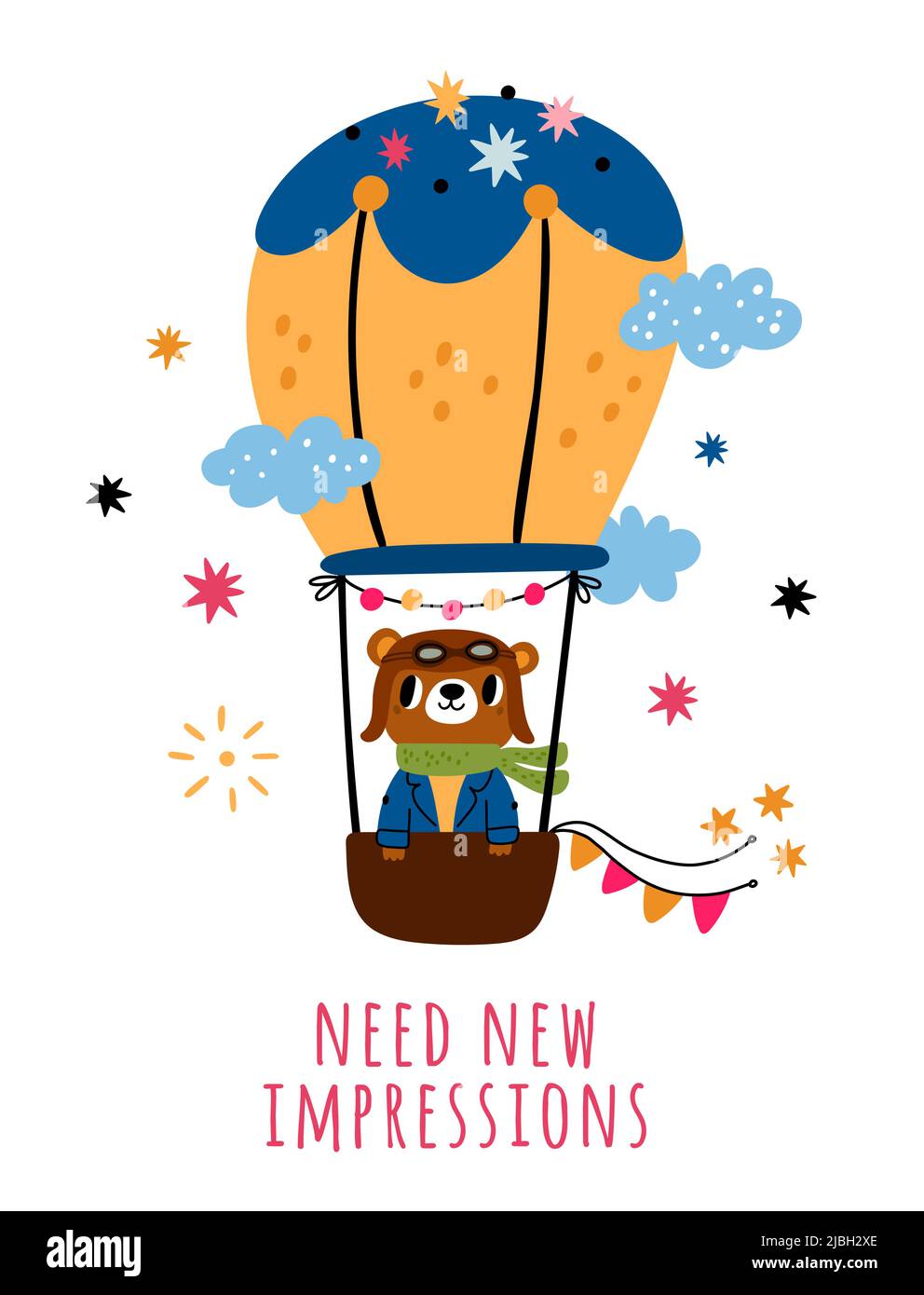 Animals pilots cards. Cartoon bear flying in hot air balloon. Airplanes ...