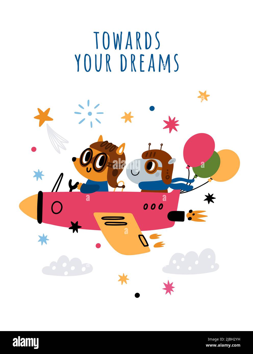 Animals pilots cards. Color airplanes with passengers and aviator ...