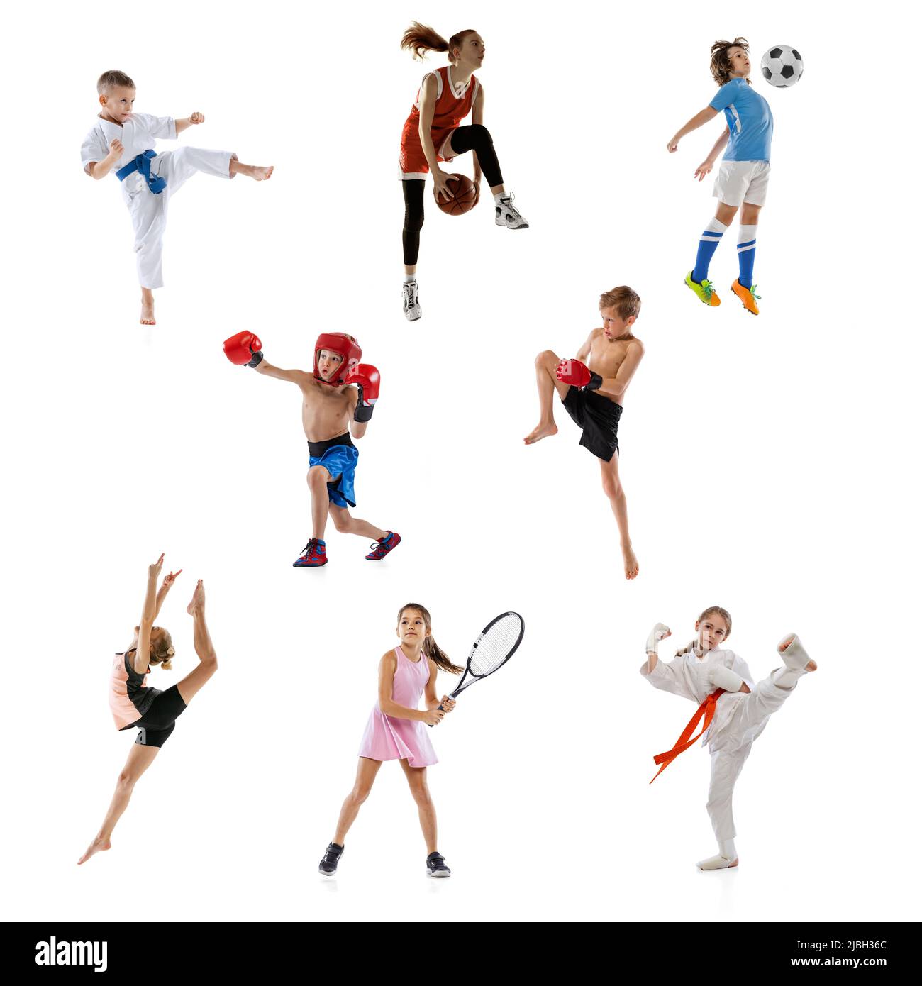 Collage of little sportsmen, fit boys and girls in action and motion ...