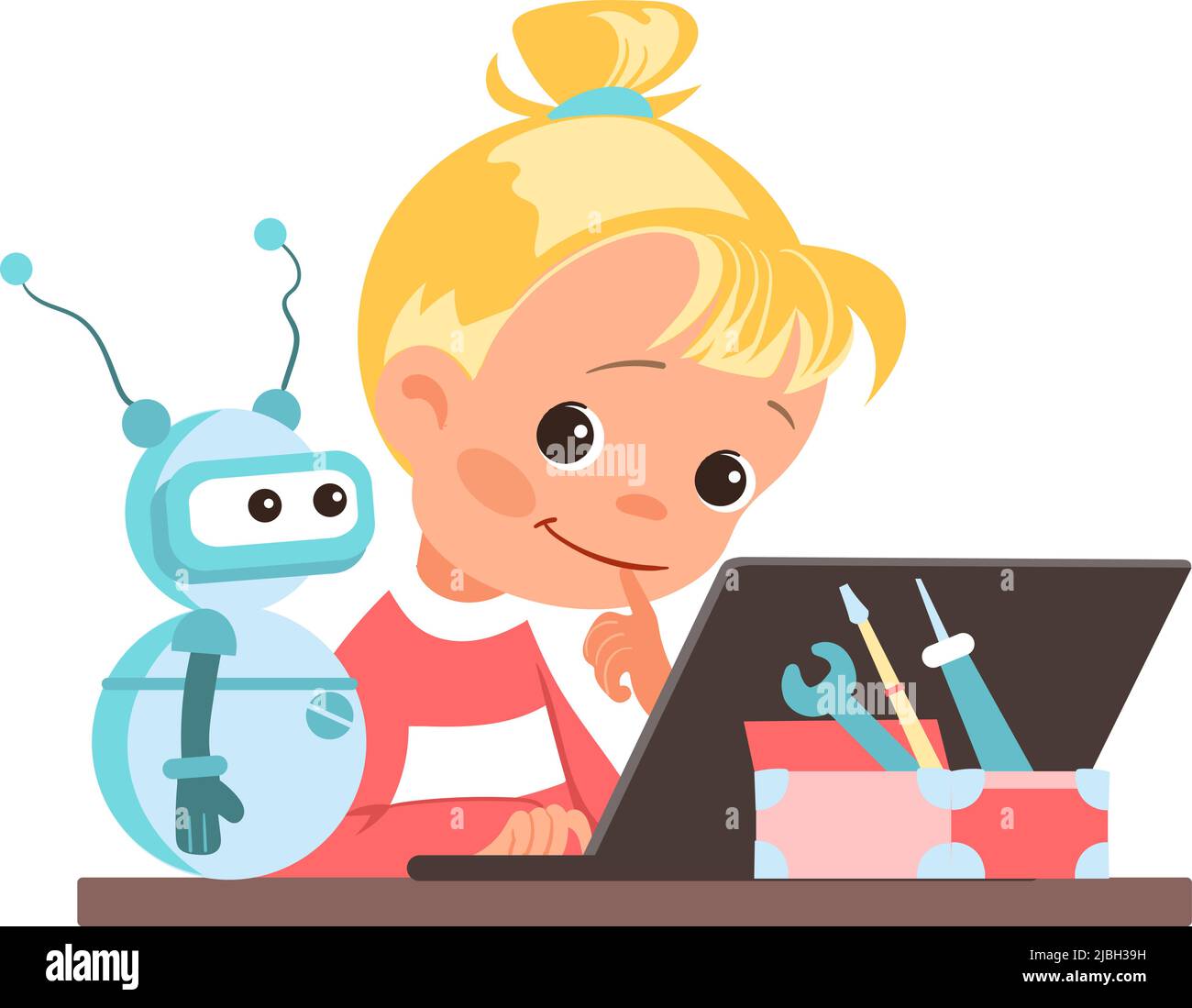 Children assemble robot. Girl with robotic toy and laptop. Smart kid ...