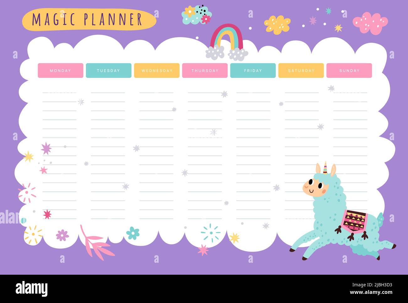 Cute llamas weekly planner. Magic alpaca unicorn. Kids schedule of ...