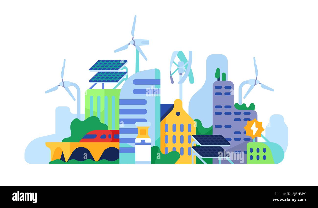 Eco energy city. Renewable electricity alternative sources. Natural ...