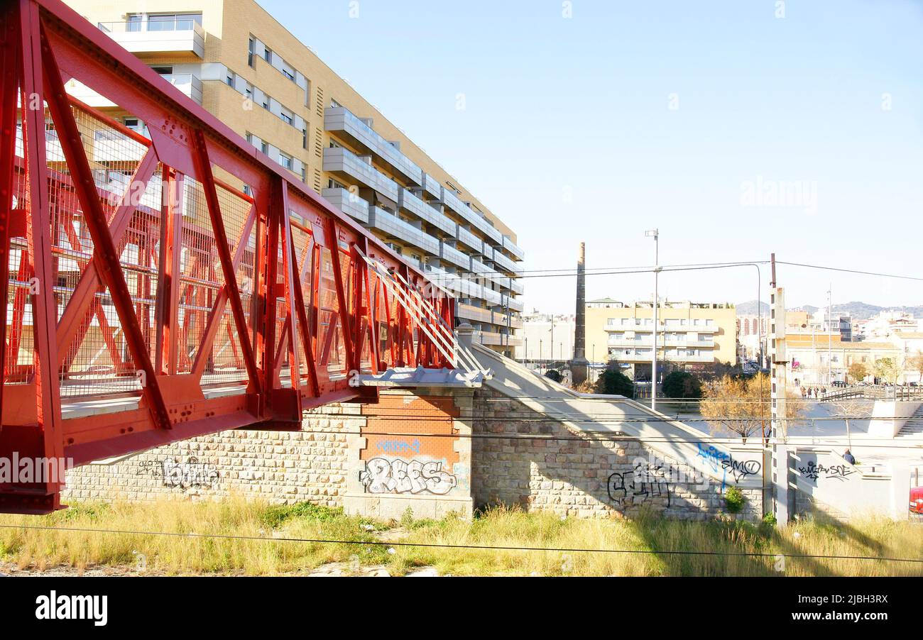 Bridge over the train tracks in Badalona, Barcelona, Catalunya, Spain ...