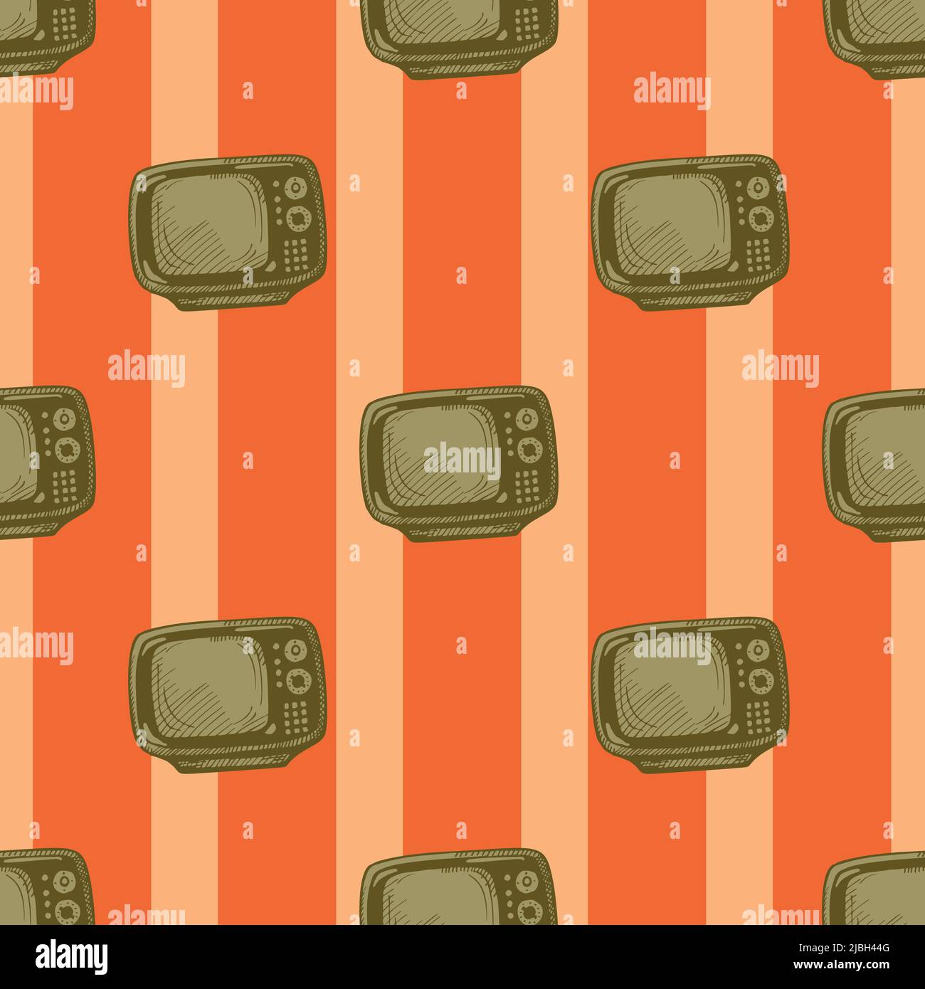 Retro TV engraved seamless pattern. Vintage television background in ...