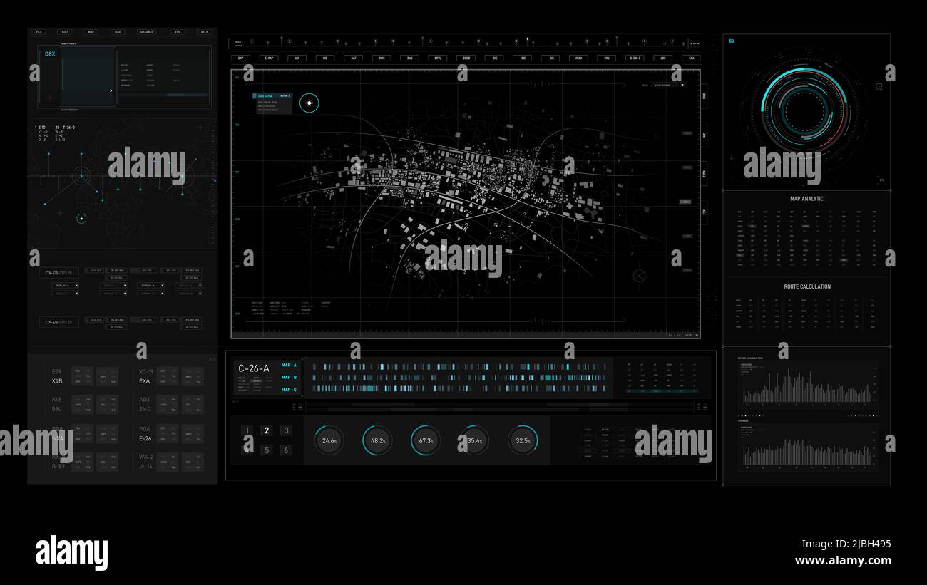 Sci-Fi futuristic user interface hud design panel for business app ...