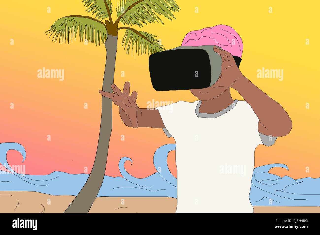 Happy kid on the beach in VR glasses. Cartoon character traveling ...