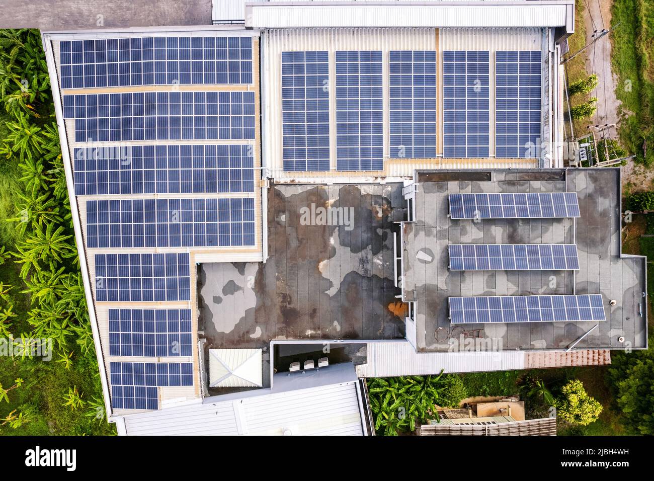 Aerial view of photovoltaic solar panels or solar cells installed at ...