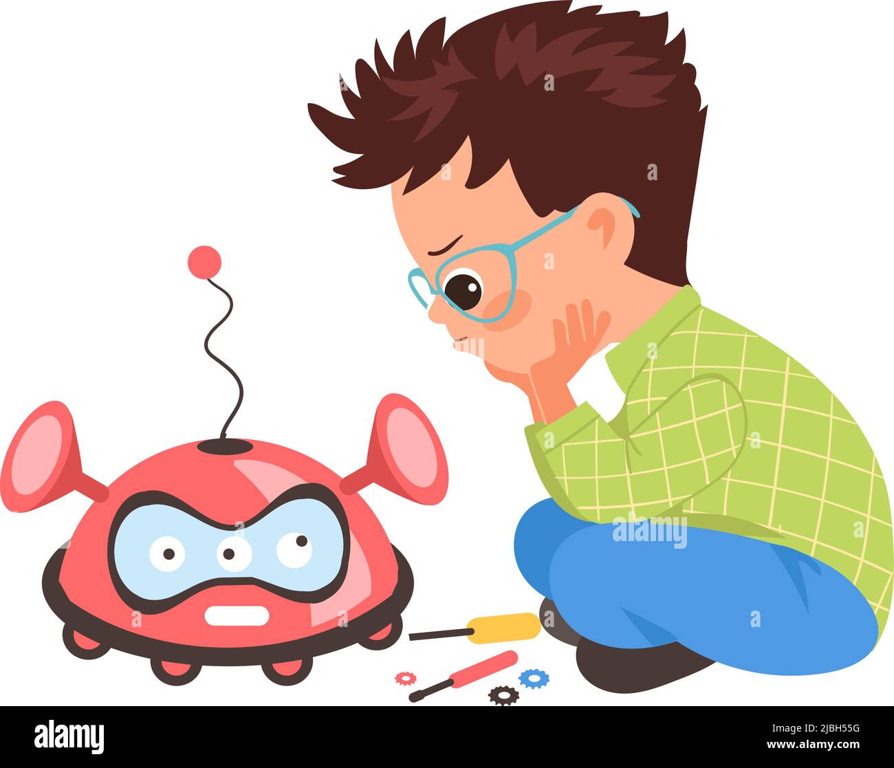 Child assembles robot. Boy fixing robotic toy. Smart kid creating ...