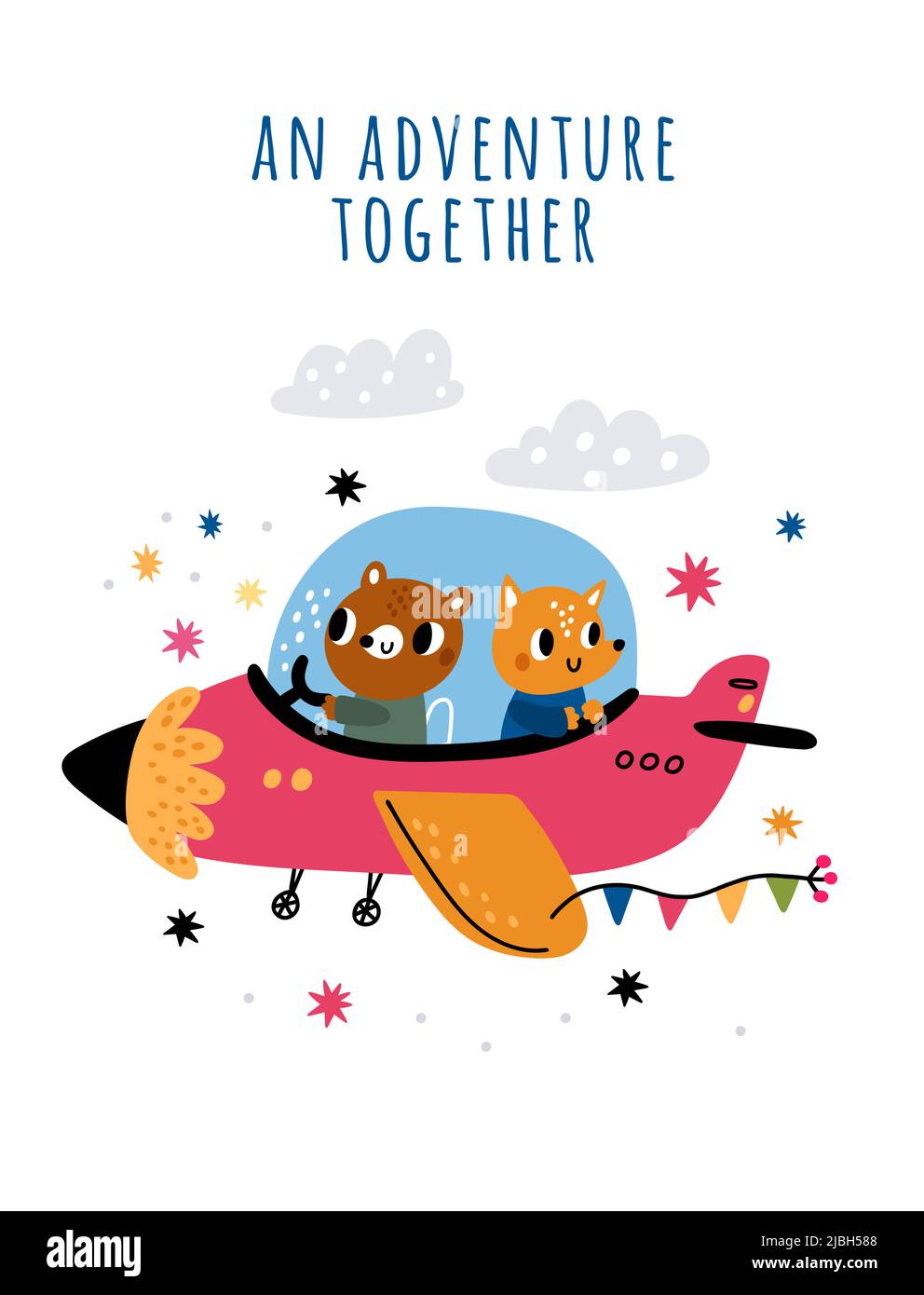 Animals pilots card. Airplane with cute passengers and aviator. Cartoon ...