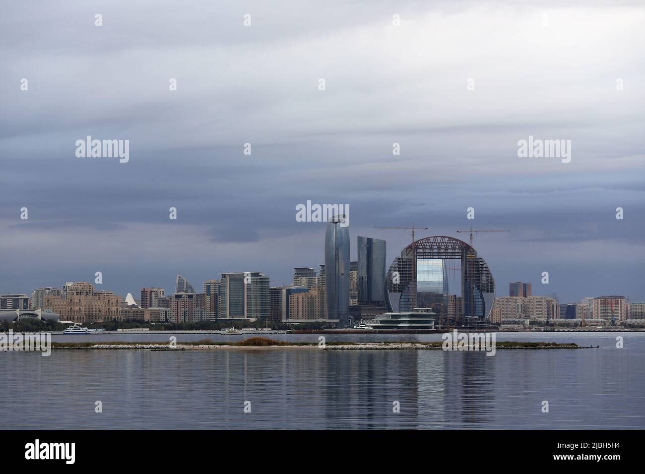 Panorama of Baku city in cloudy weather from the sea. Azerbaijan Stock ...