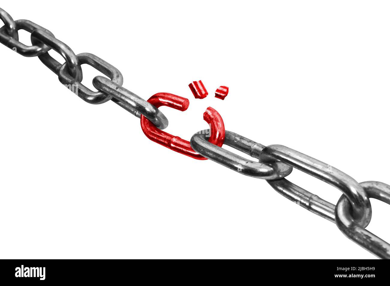 Metal chain with a red broken link in the center isolated on white ...