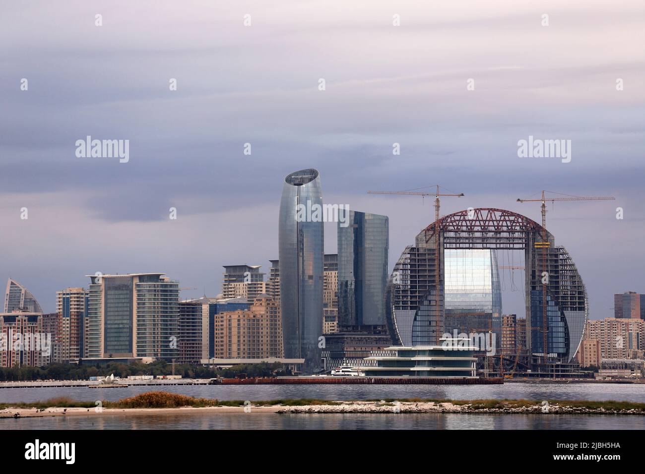 Panorama of Baku city in cloudy weather from the sea. Azerbaijan Stock ...