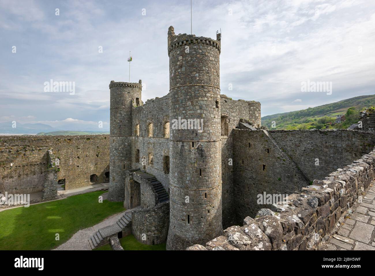The inner courtyard and gatehouse at Harlech Castle, Gwynedd, North ...