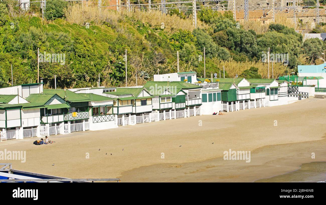 El Garraf beach with typical booths, Barcelona, Catalunya, Spain ...
