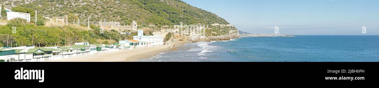 El Garraf beach with typical booths, Barcelona, Catalunya, Spain ...