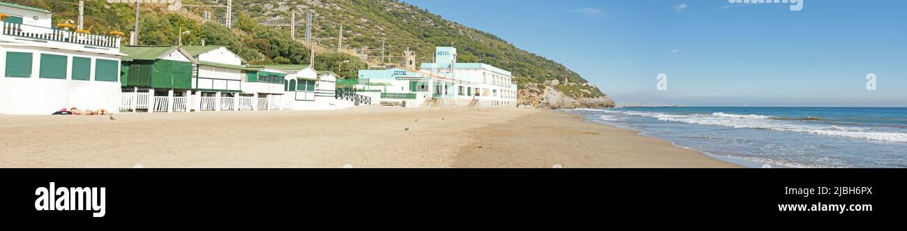 El Garraf beach with typical booths, Barcelona, Catalunya, Spain ...