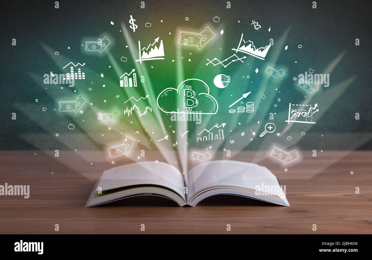 Open book with profit icons above Stock Photo - Alamy