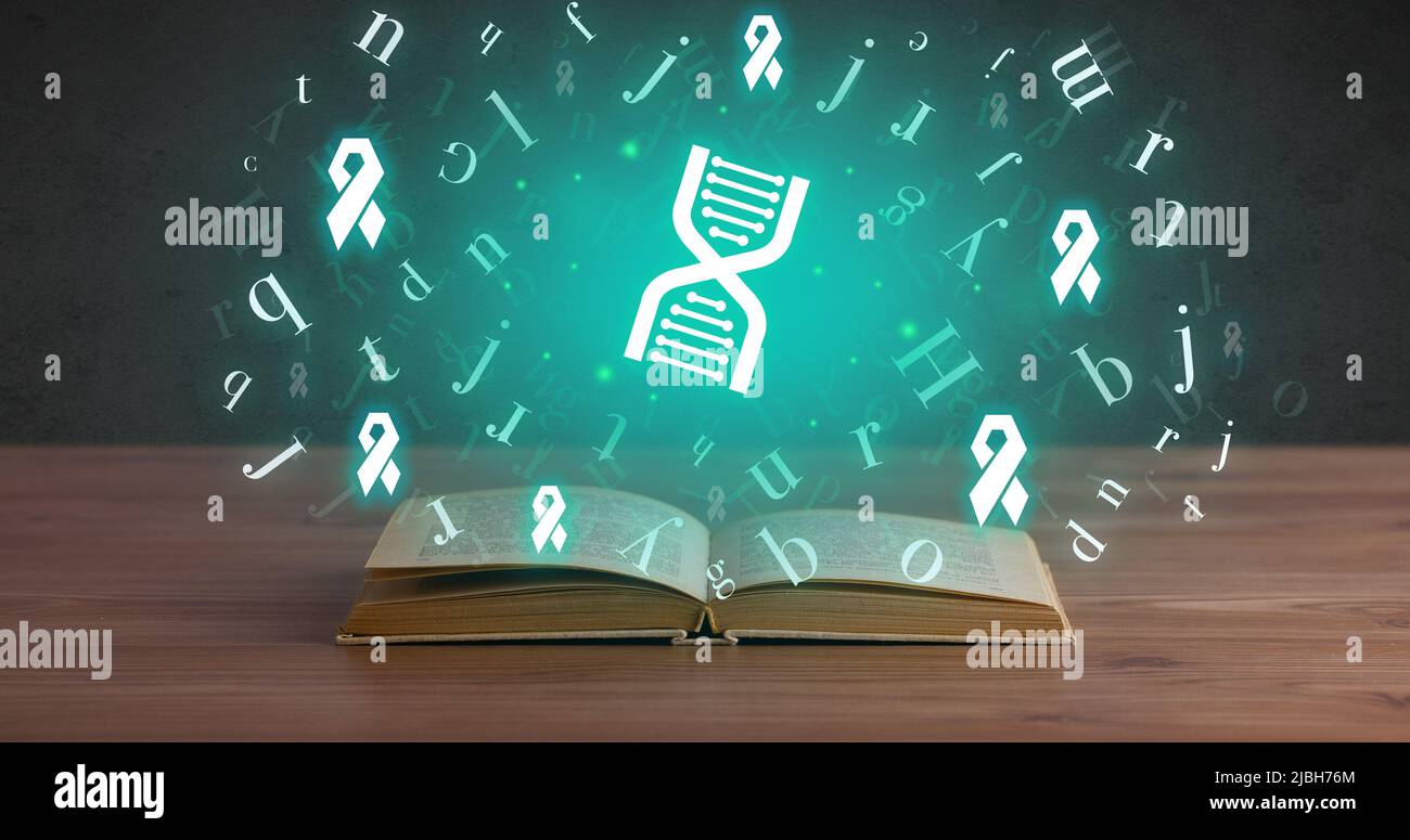 Open medical book with health icons above Stock Photo - Alamy