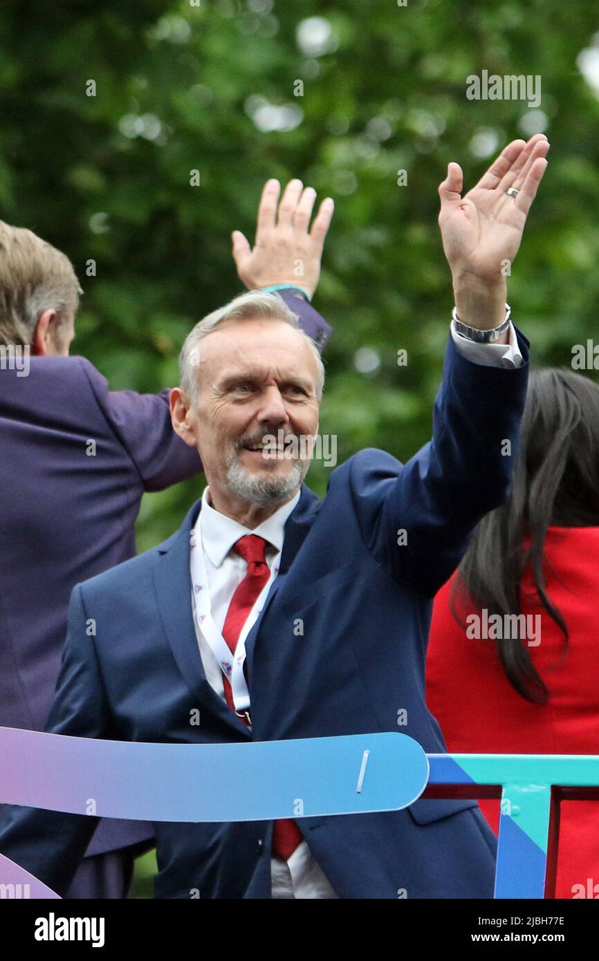 The actor Anthony Stewart Head on an open top bus at the 2022 Platinum ...