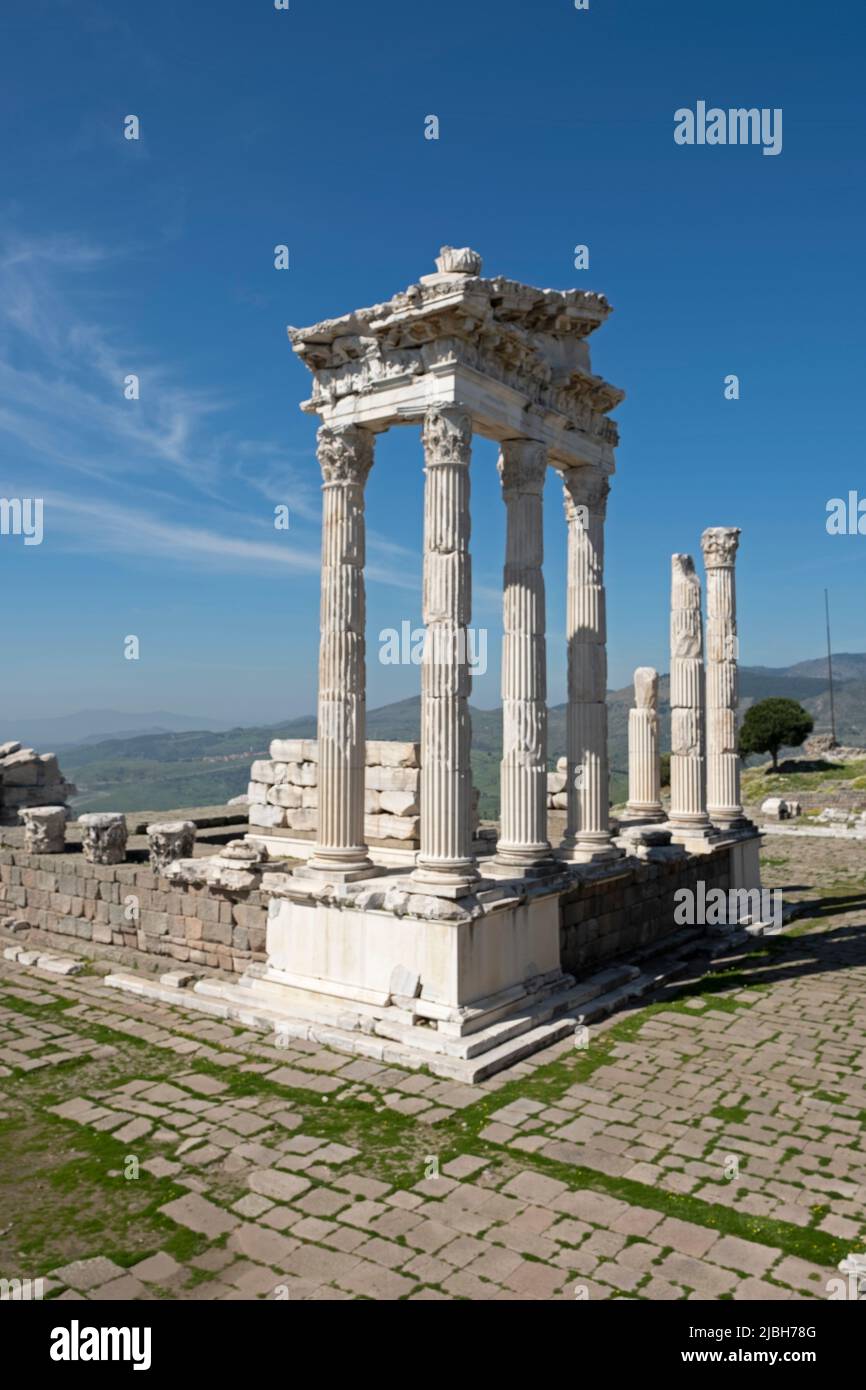 Bergama Acropolis. Temple of Trajan and archways in the ruins of the ...