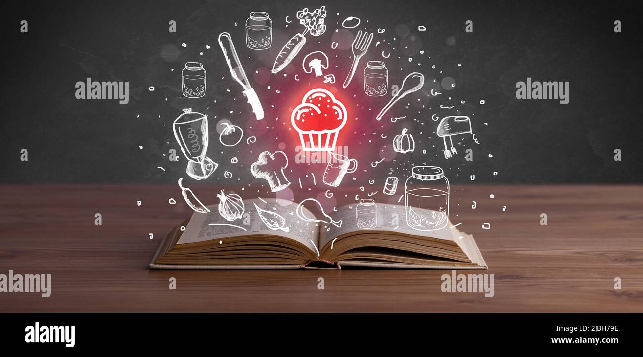 Open recipe book with food related icons above Stock Photo - Alamy