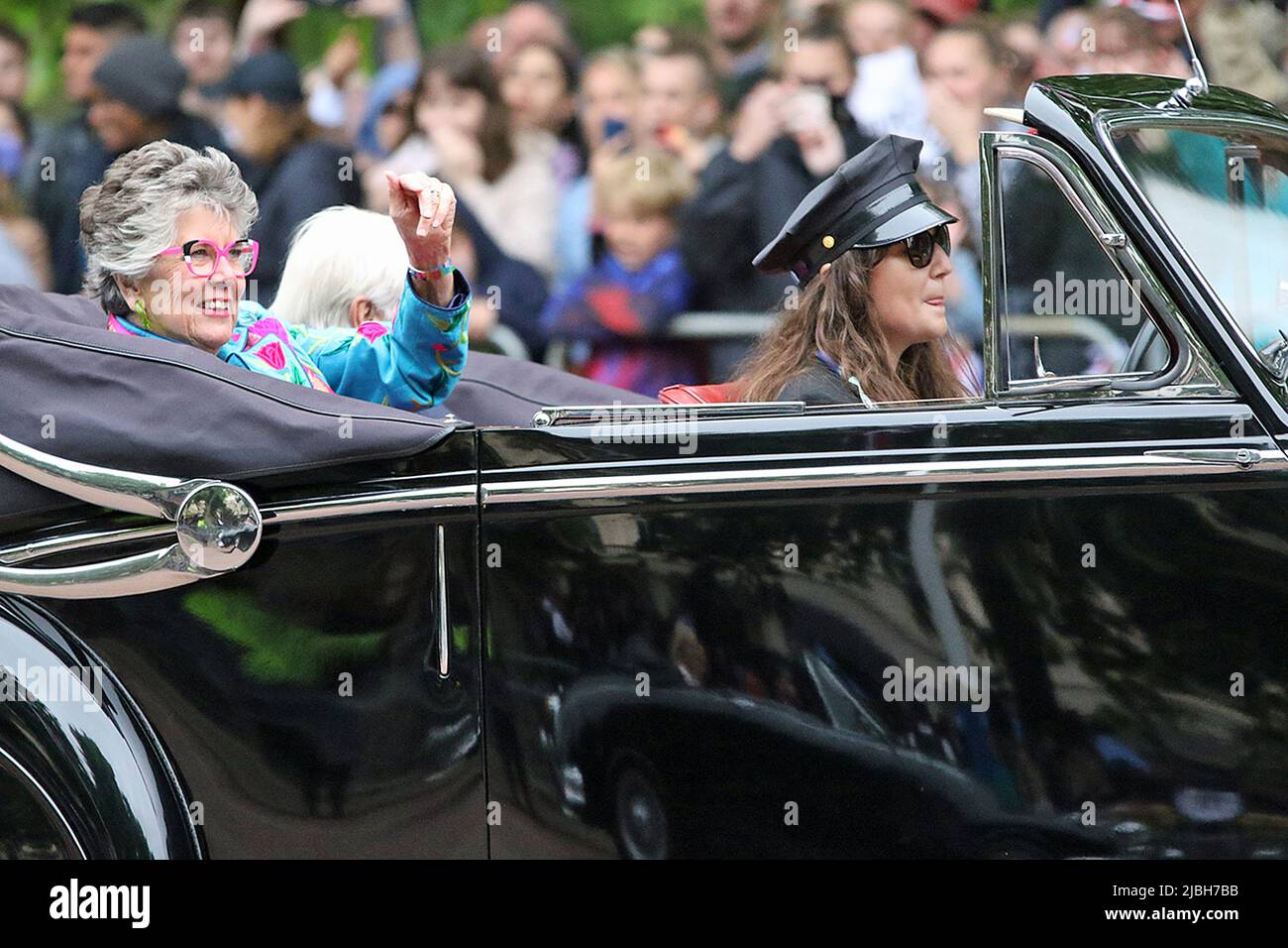 Dame Pru ( Prudence ) Leith TV chef personality judge in an open top ...