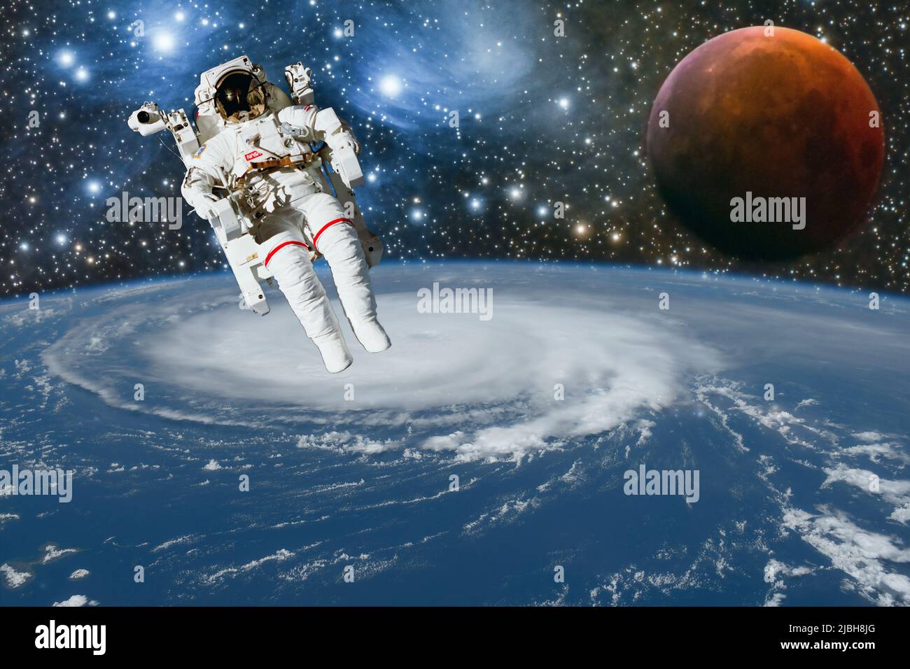 Astronaut spaceman do spacewalk while working for space station in ...