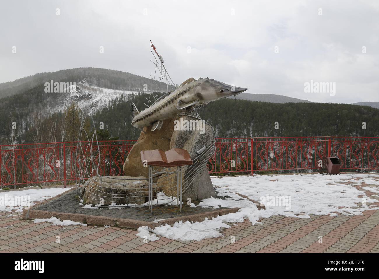 Statue of a sturgeon in Krasnoyarsk, Siberia, Russia near the Yenisei ...