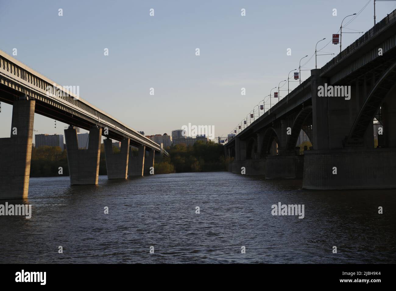 View inbetween bridges over the Ob in Novosibirsk; October bridge ...