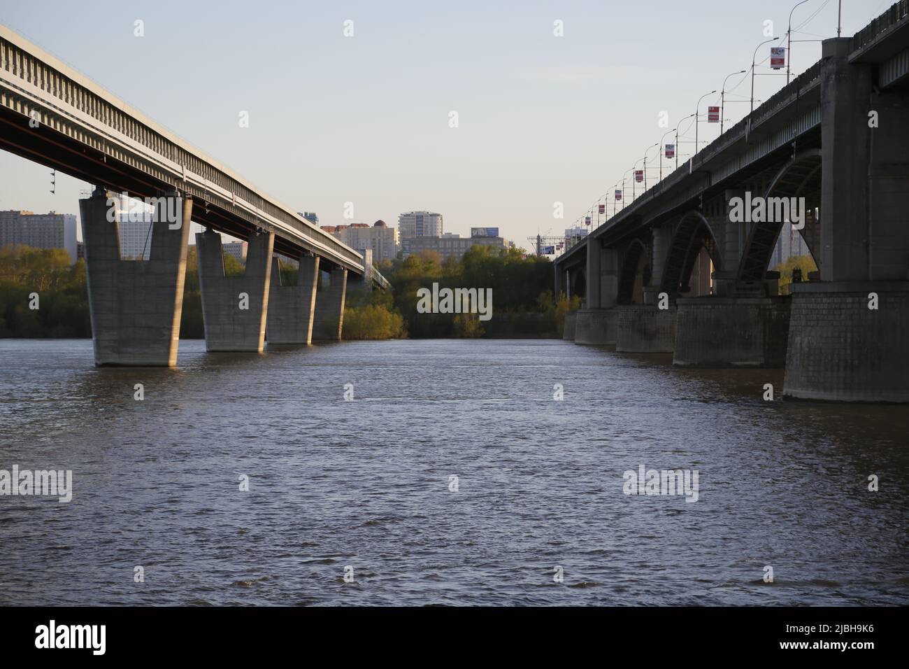 View inbetween bridges over the Ob in Novosibirsk; October bridge ...