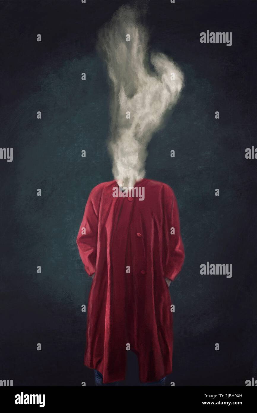 surreal illustration of a disappearing man enveloped in white smoke ...