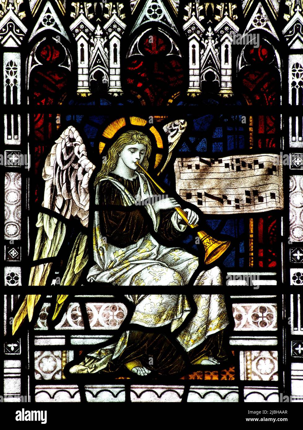 Angel in stained glass making music (trumpet Stock Photo - Alamy
