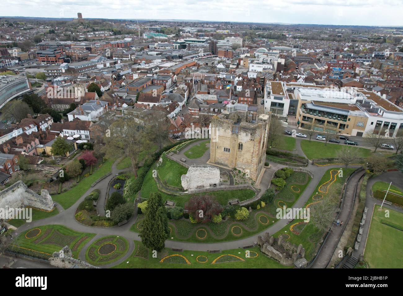 Guildford castle Surrey UK drone aerial view Stock Photo - Alamy