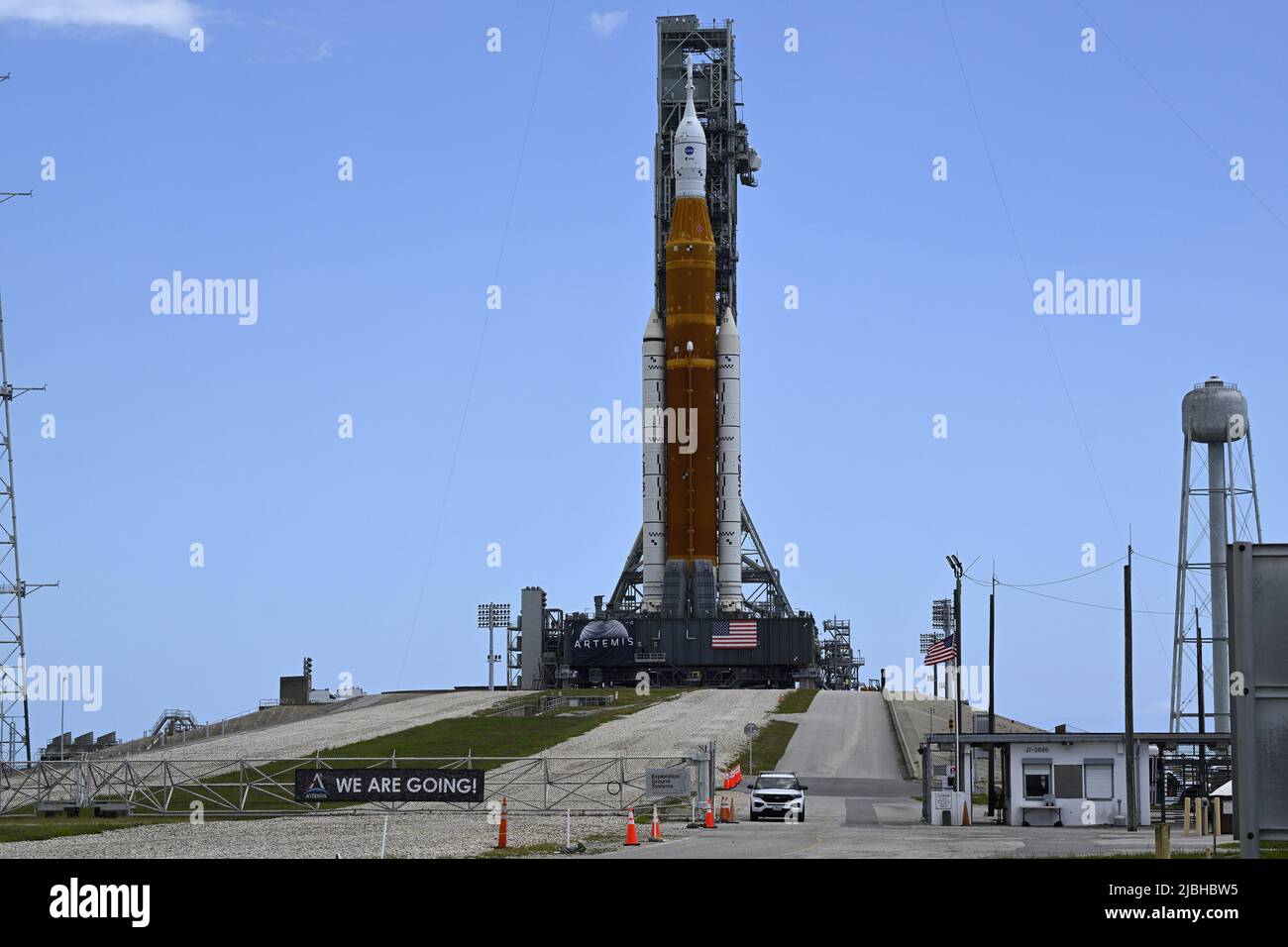 NASA's SLS rocket stands on Complex 39B after taking an eight hour trip ...