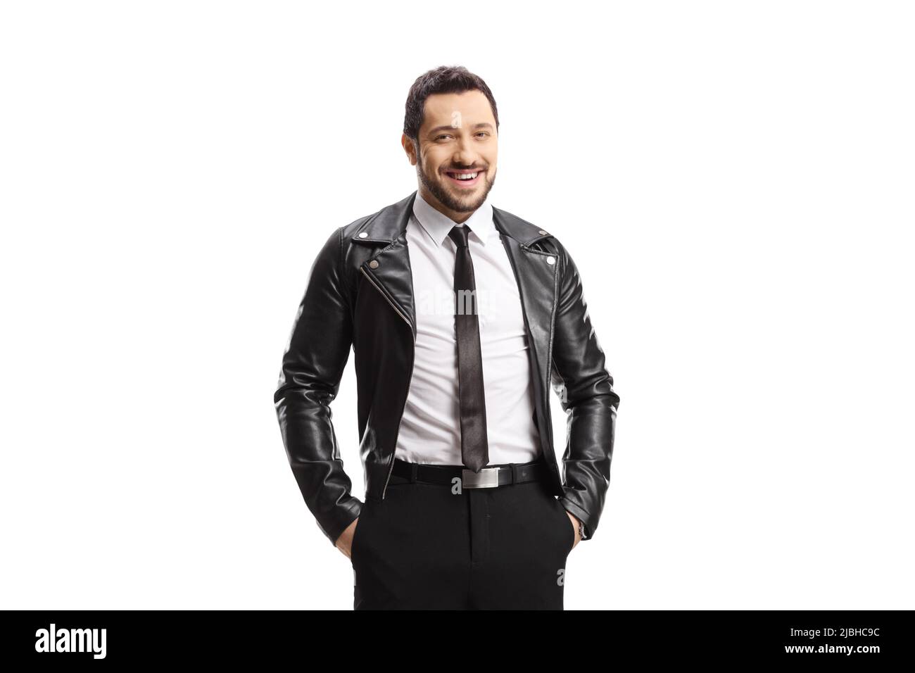 Smiling man in a leather jacket and tie posing isolated on white ...