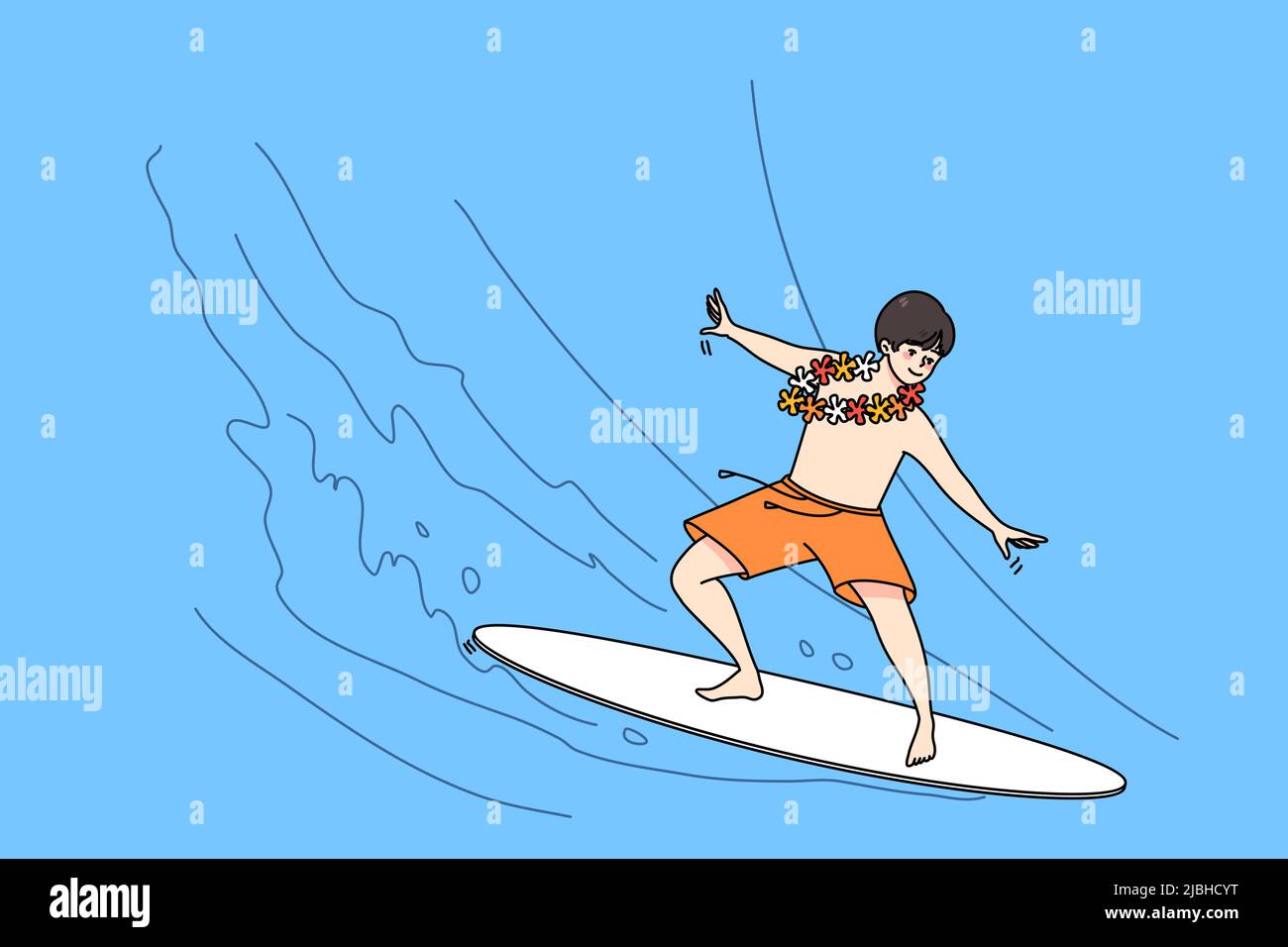 Happy boy child stand on surf board have fun on summer holidays. Active ...