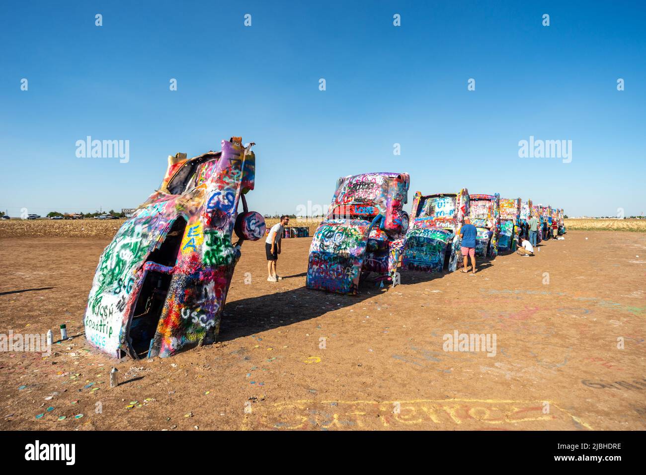 Cadillac Ranch, near route 66 TX Texas, USA. Spray painted old Cadillac ...