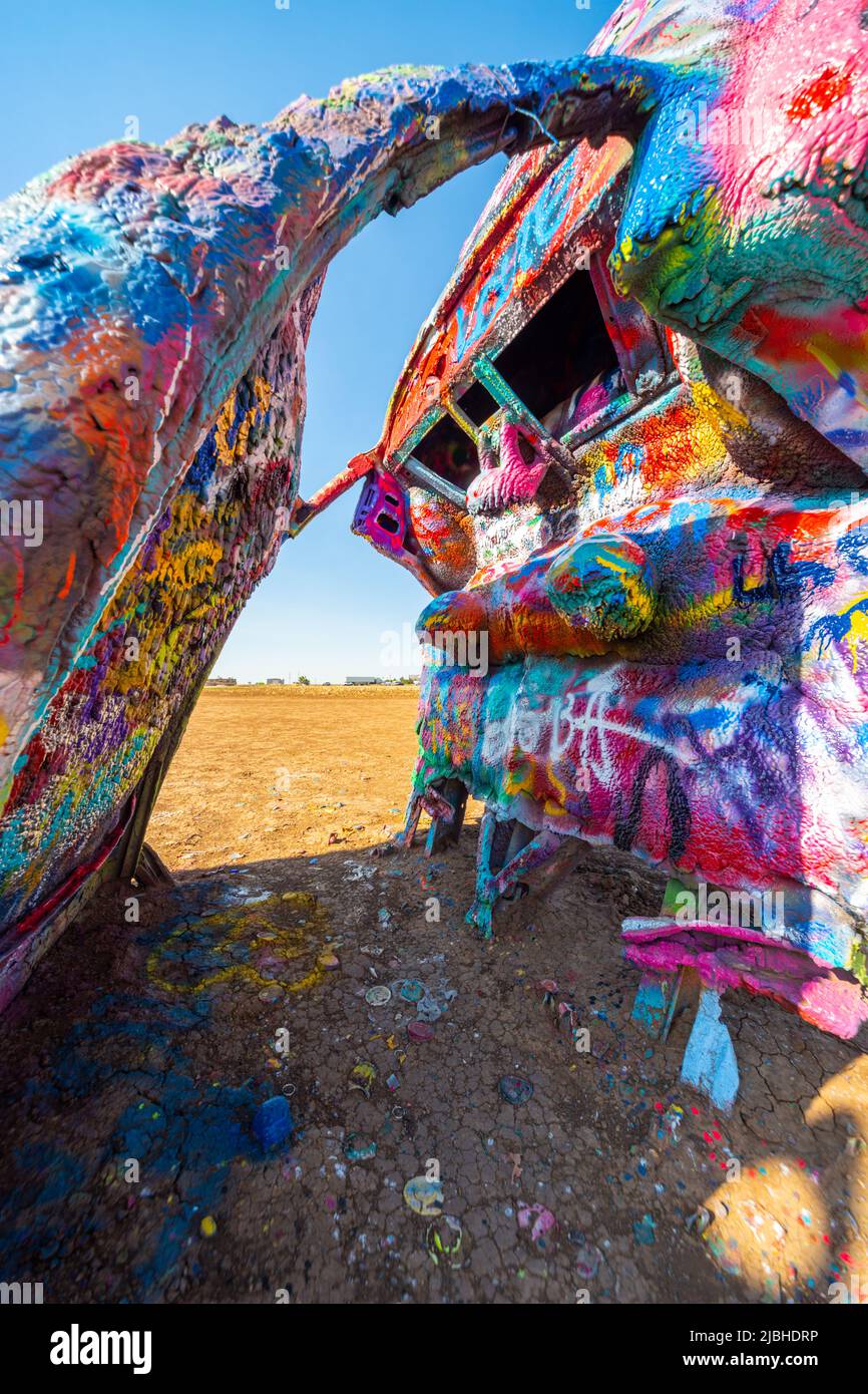 Cadillac Ranch, near route 66 TX Texas, USA. Close up of spray painted ...