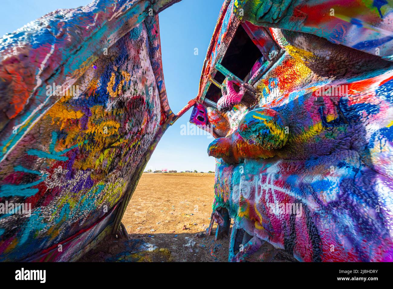Cadillac Ranch, near route 66 TX Texas, USA. Close up of spray painted ...