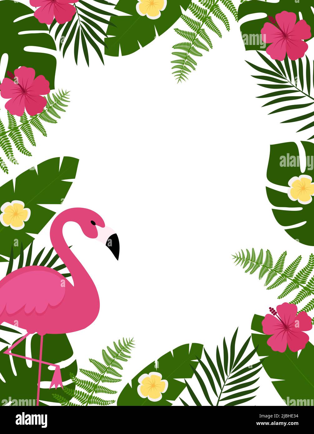 Summer postcard background with tropical plants and flowers, flamingos ...