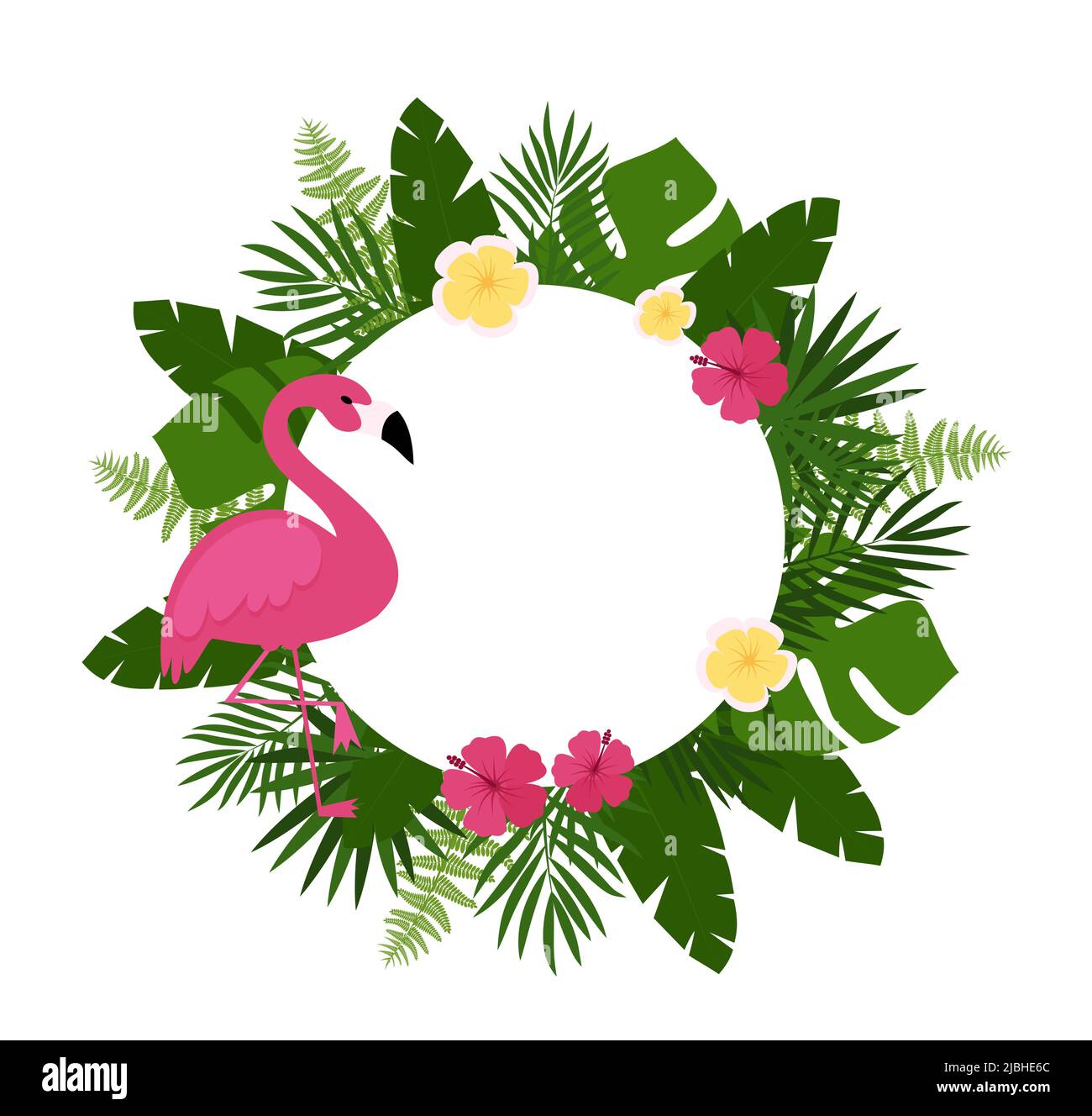 Summer postcard background with tropical plants and flowers, flamingos ...